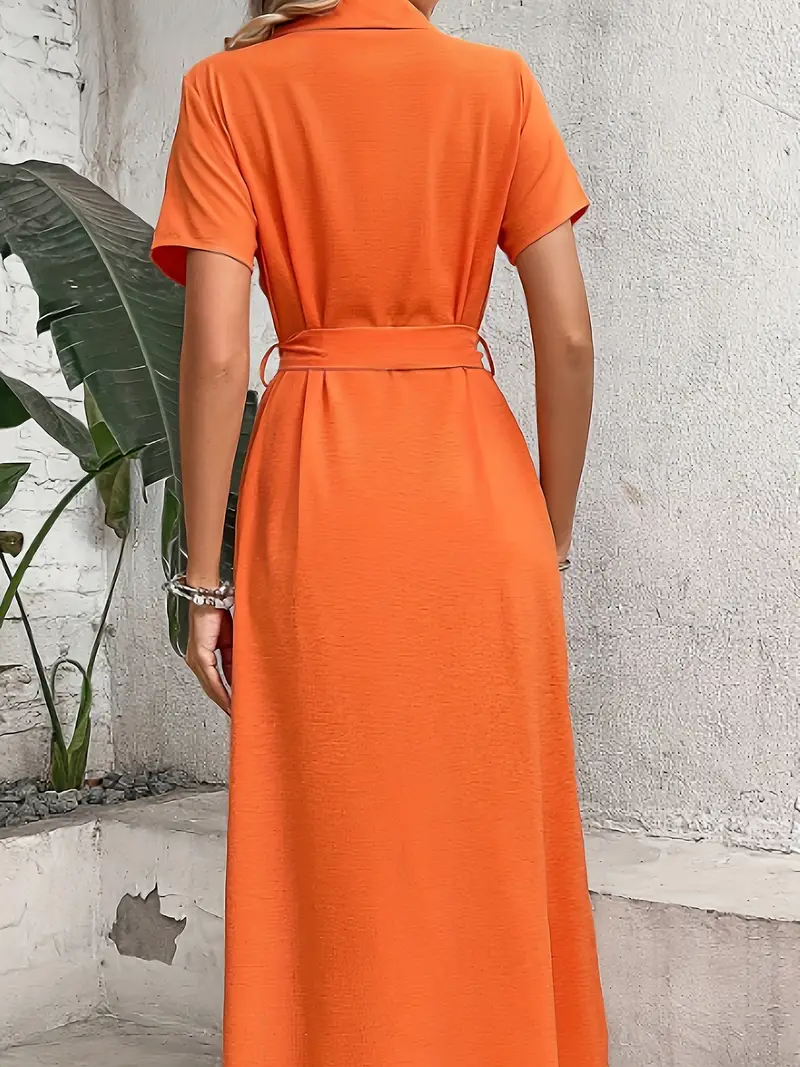 Solid Button Front Shirt Dress Elegant Short Sleeve Midi Temu Australia