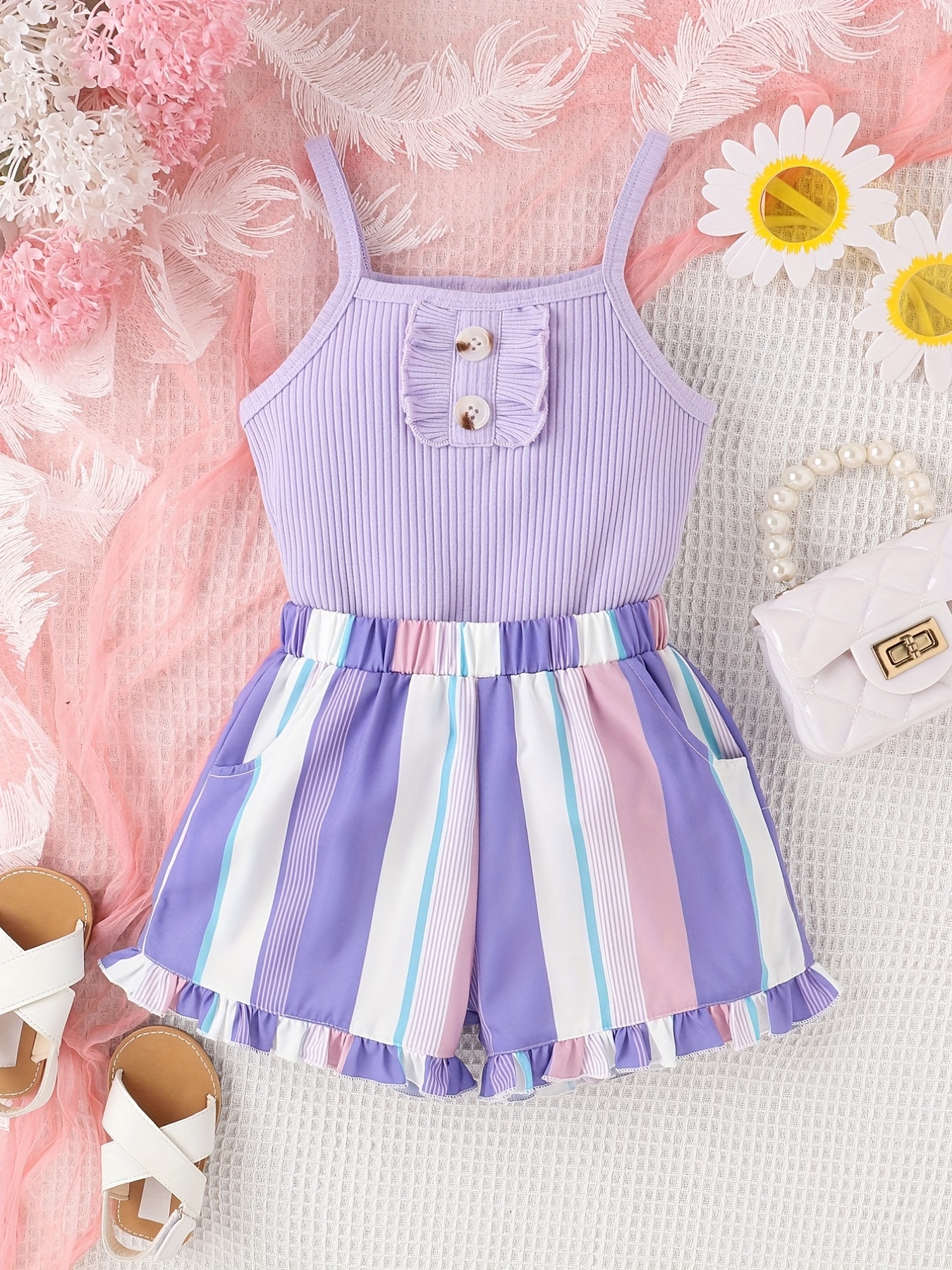 Trim Button Cami Top Toddler Girls Ribbed Frill Color Block - Temu ...