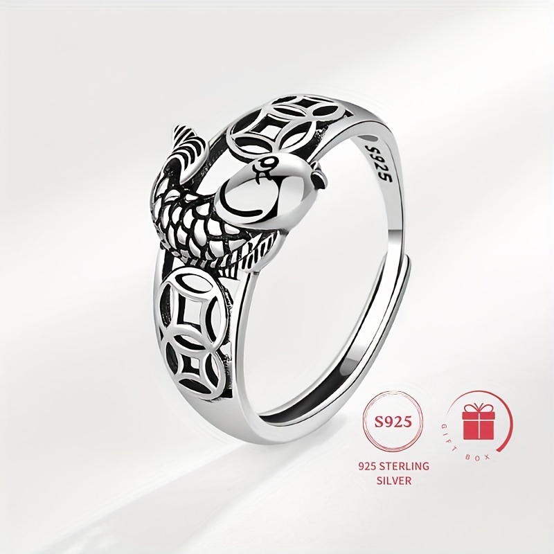 Men's Trendy 925 Silver Ring Classic Romantic Koi Fish Decor - Temu ...
