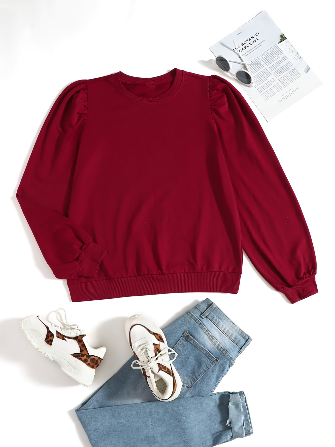 Casual Solid Crew Neck Sweatshirt Warm Long Sleeve Pullover - Temu ...