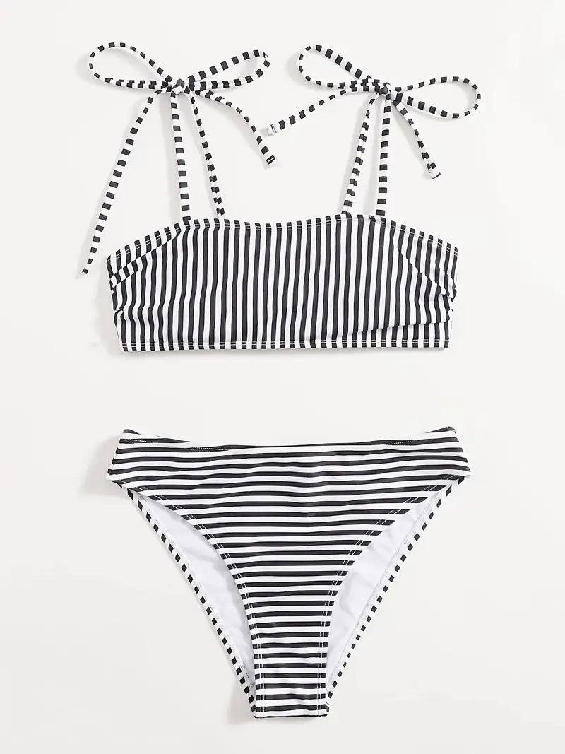 Striped Print Stretchy Bikini Sets Blow Tie Shoulder Straps Temu