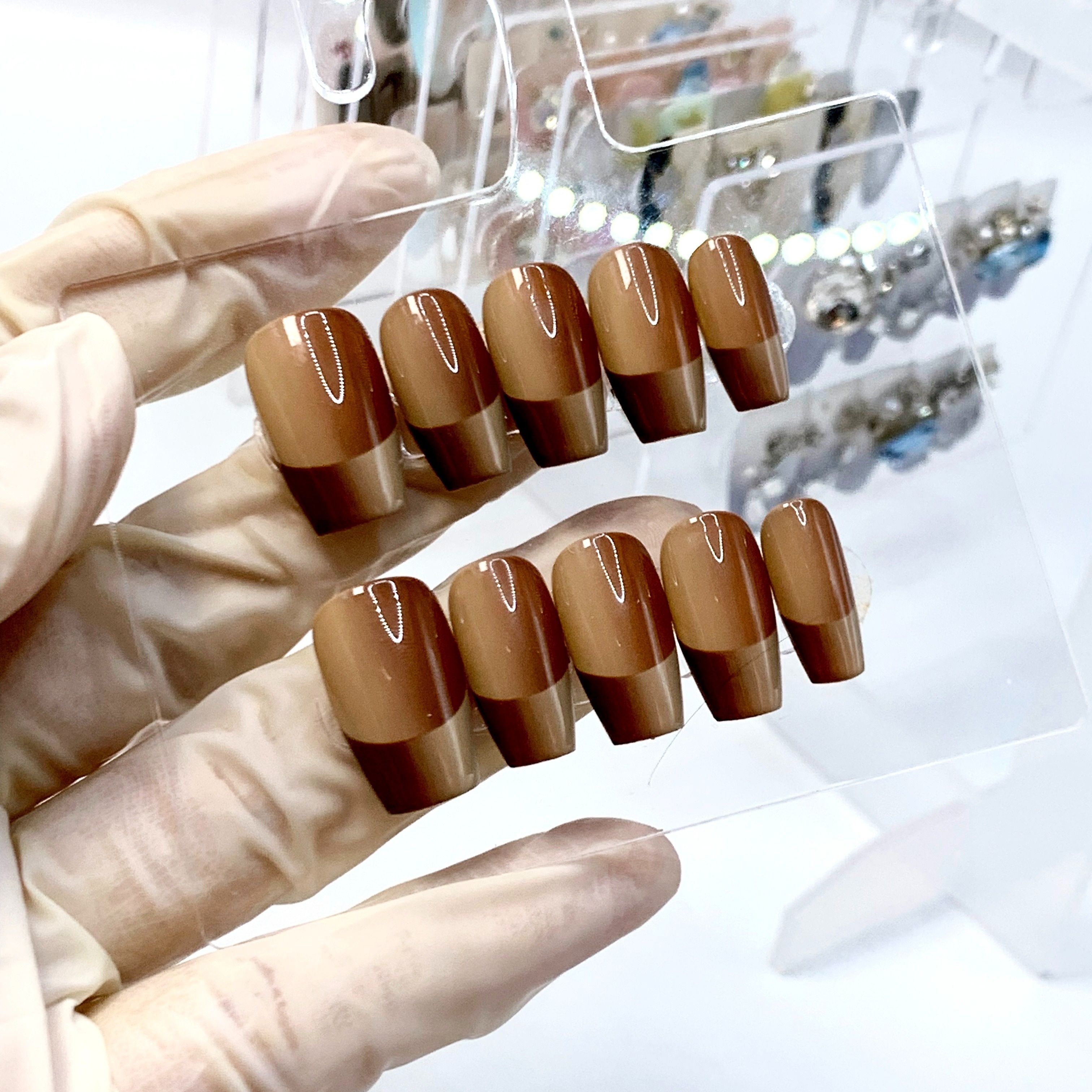 Handmade French Tip Nails Khaki Brown Gradient Press - Temu Canada