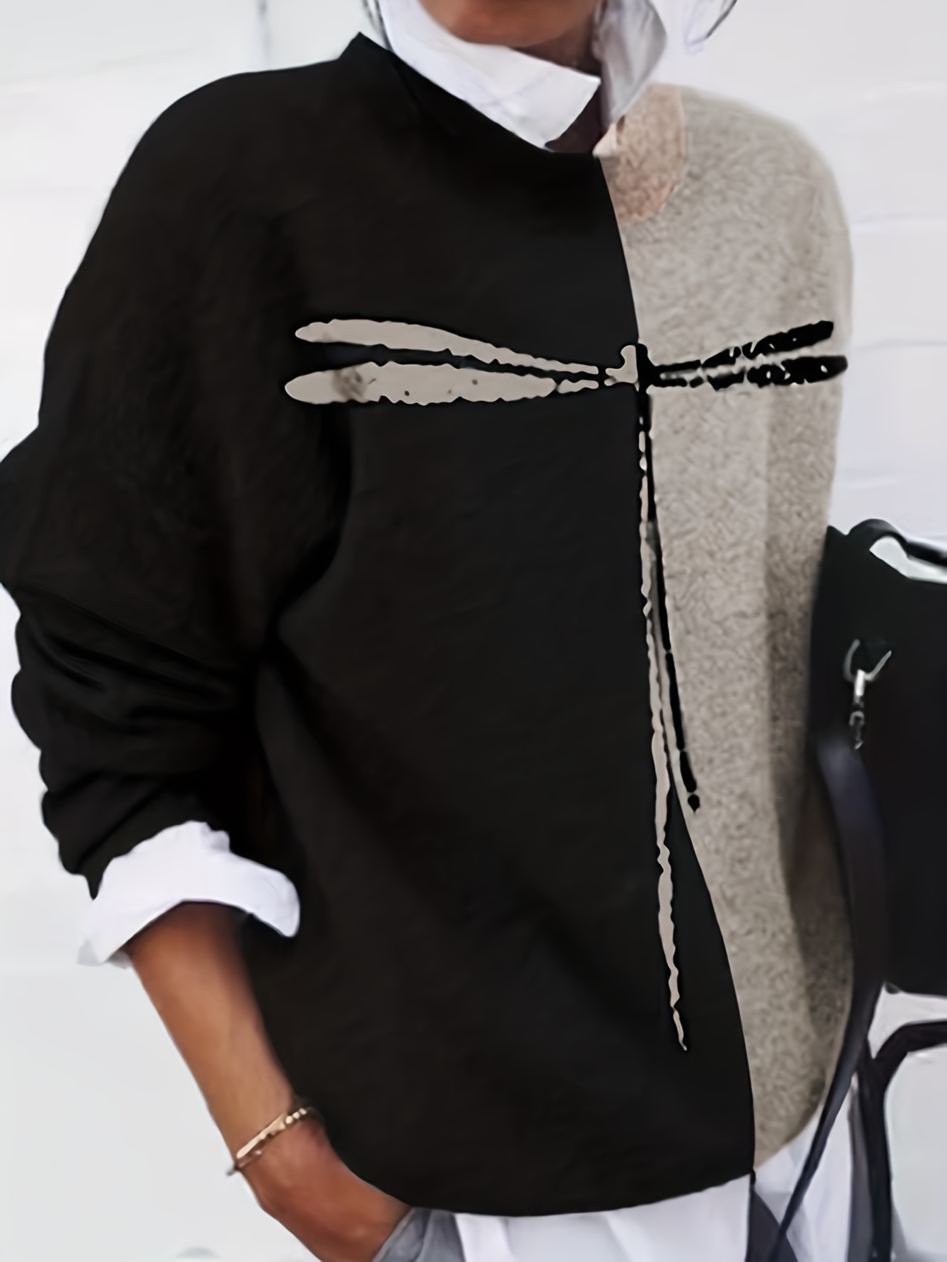 Color Block Dragonfly Pattern Sweater, Casual Crew Neck Long Sleeve ...