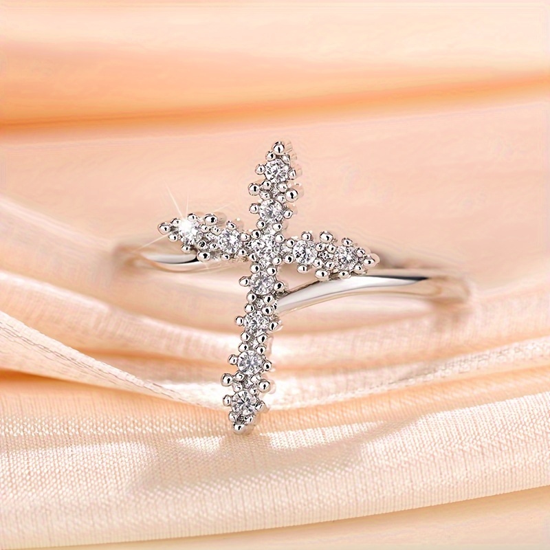 Chic Ring Trendy Cross Design Paved Shining Zirconia Silvery - Temu ...
