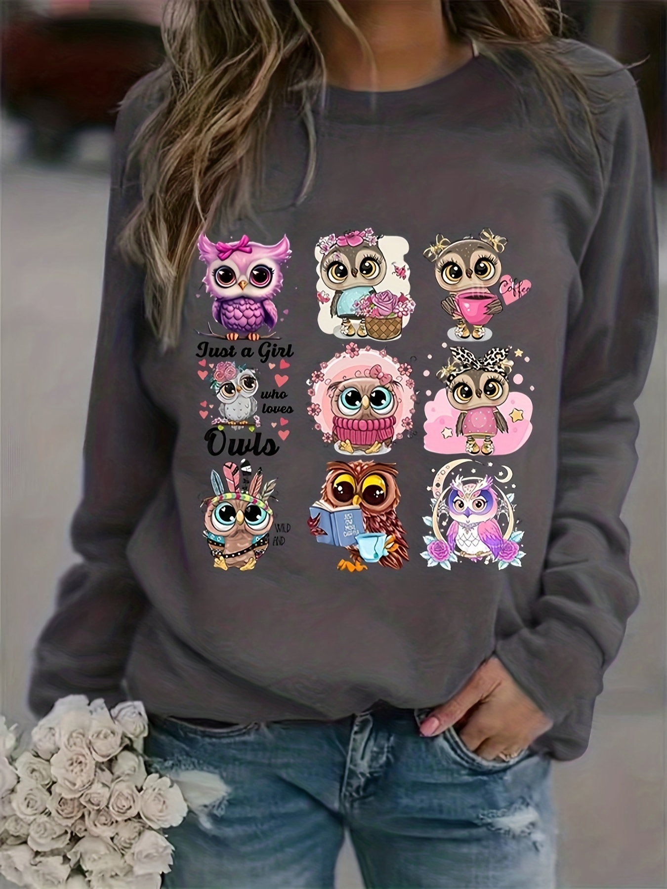 Cute Cartoon Owl Print Sweatshirt Casual Long Sleeve Crew - Temu Australia
