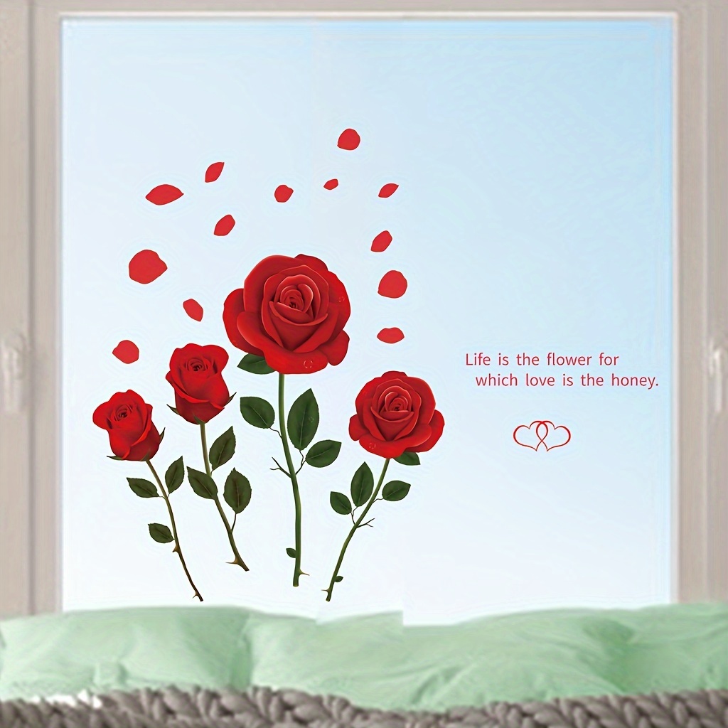 Romantic Red Rose Wall Decals - Removable Pvc Floral Stickers For ...