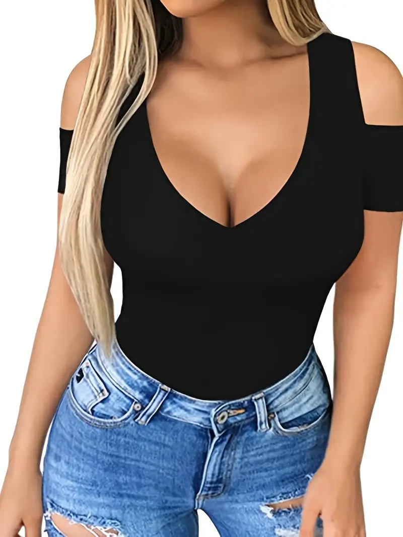 Cold Shoulder V Neck Bodysuit Sexy One Piece Bodysuit Temu