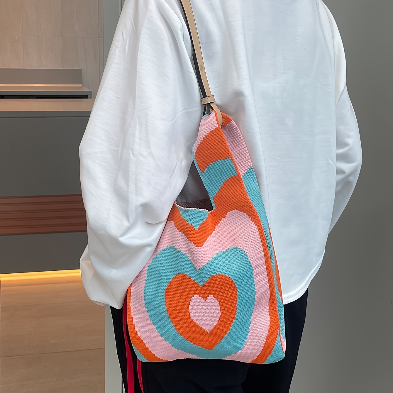 Colorful Heart Letter Pattern Satchel Knitted Bag - Temu Australia