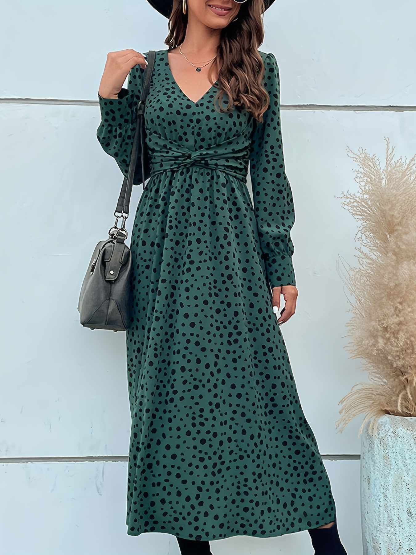 Dalmatian Print Ruched Dress Elegant V Neck Long Sleeve Midi - Temu Australia