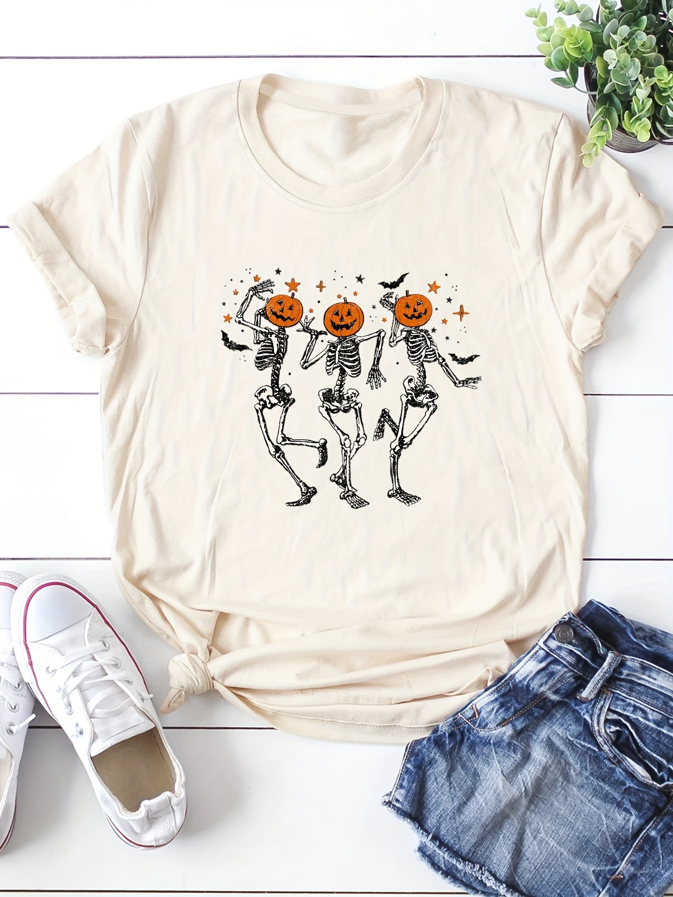 halloween dancing skeleton pumpkin print tee casual short - Temu ...