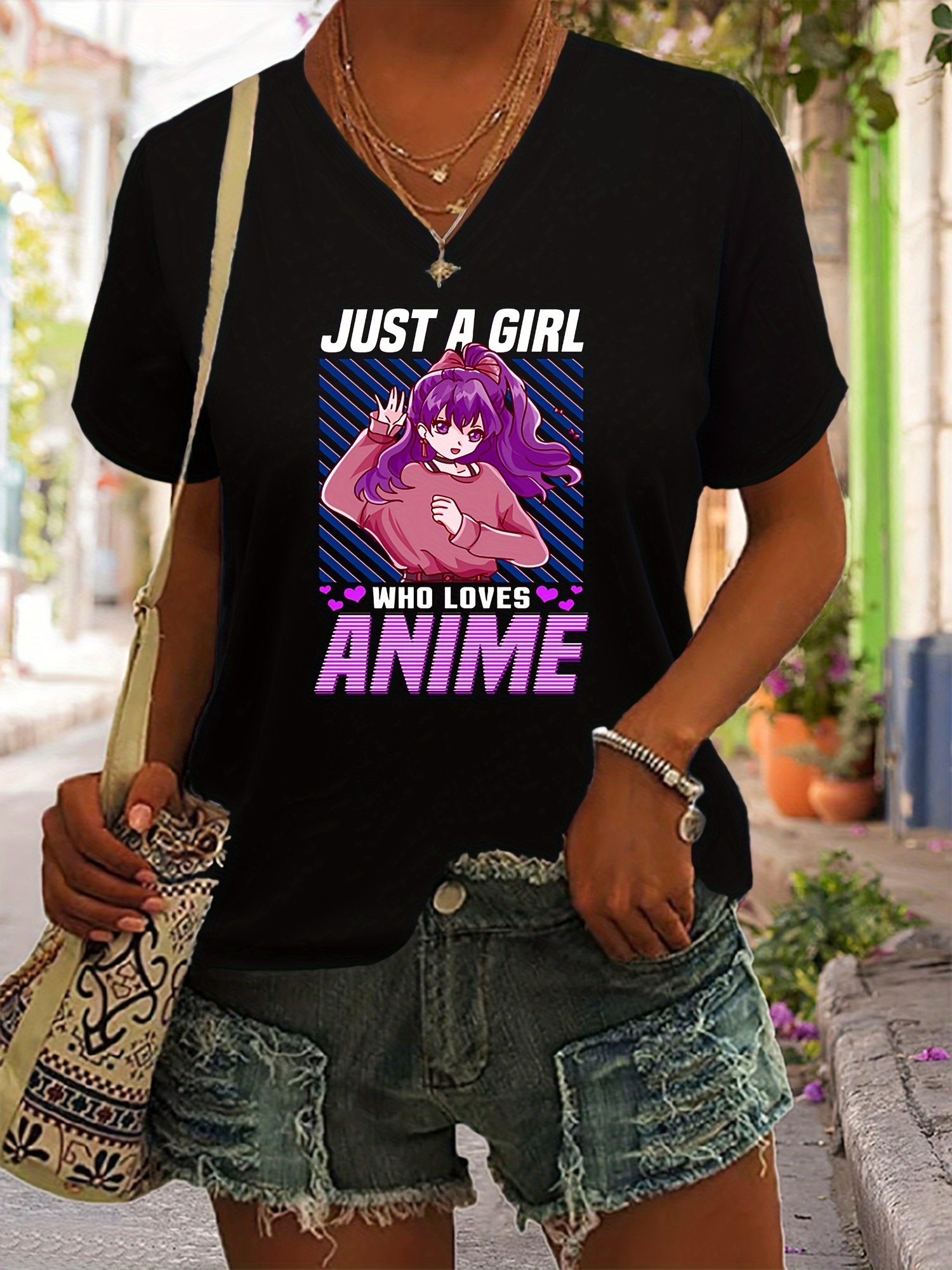 Anime Girl Letter Print T shirt Short Sleeve V Neck Casual - Temu