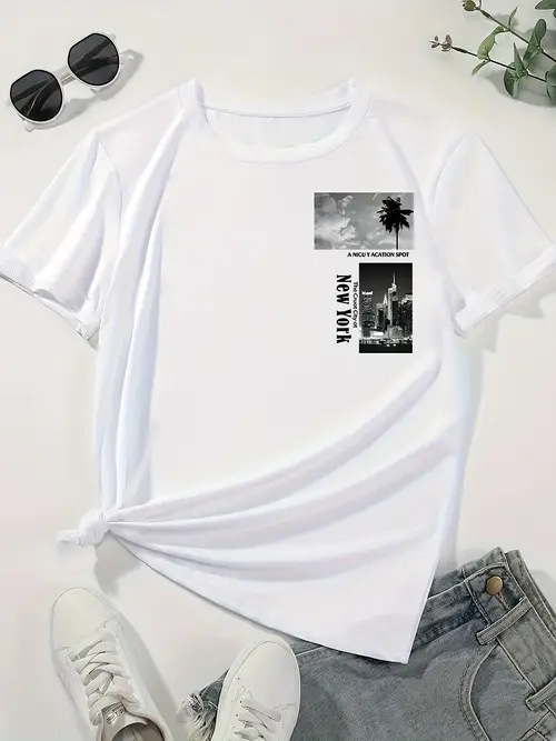 Letter Print Graphic T Shirt Short Sleeve Casual Top For Summer