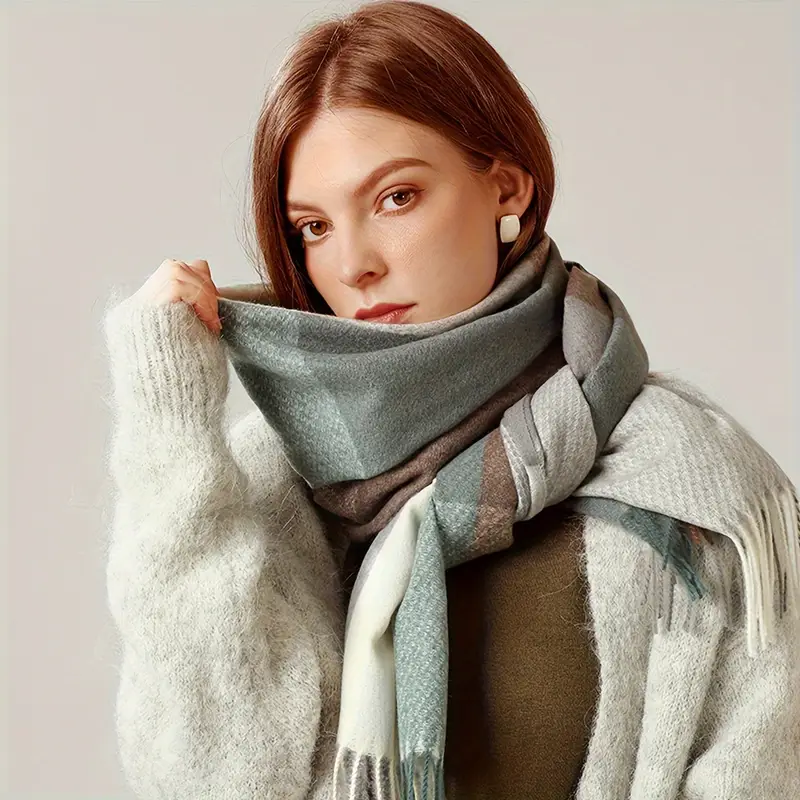 Elegant Contrast Color Grid Scarf Imitation Cashmere Tassel Temu