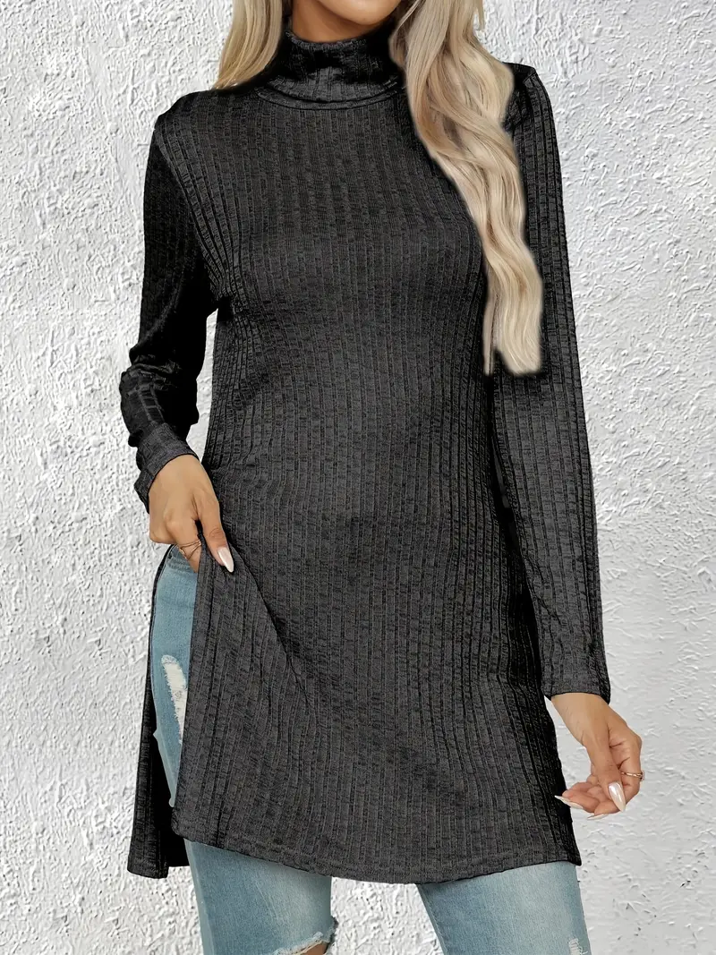 Solid Turtle Neck Rib Knit Sweater Elegant Long Sleeve Split Temu