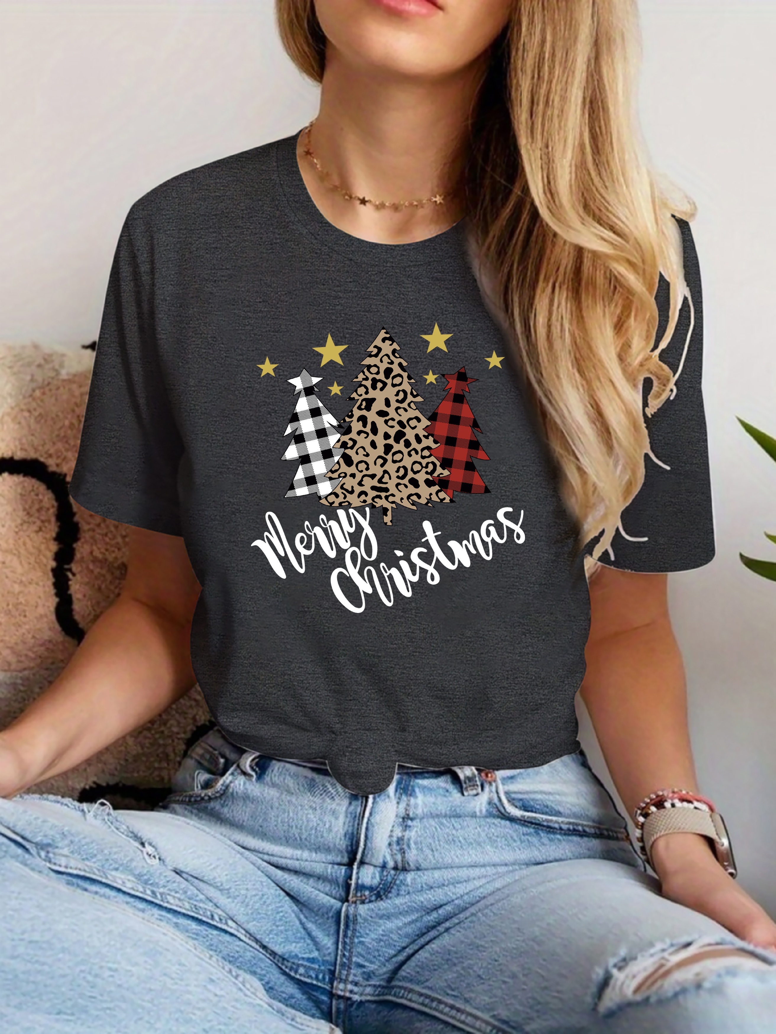 Christmas Tree Print T shirt Casual Crew Neck Short Sleeve - Temu Australia