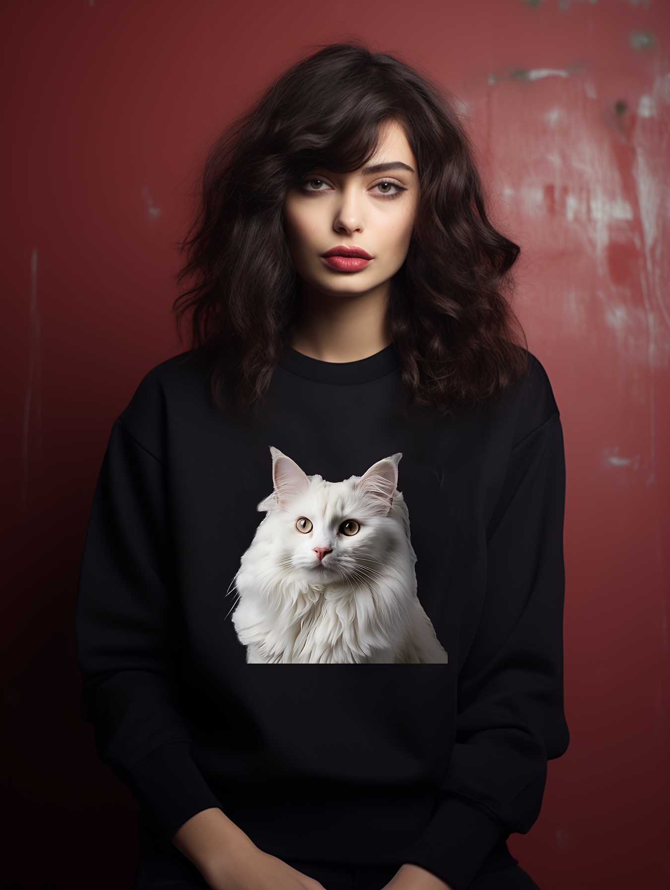Cute Cat Print Sweatshirt Casual Crew Neck Long Sleeve - Temu Australia