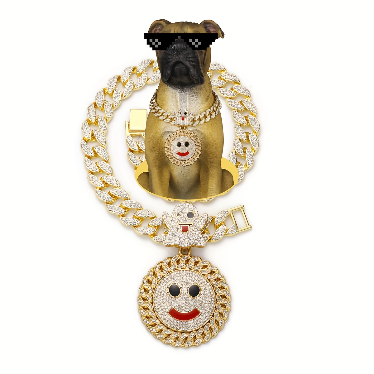 Cute Ghost Sunflower Pendant Dog Collar, Sparkle Pet Necklace Cuban ...