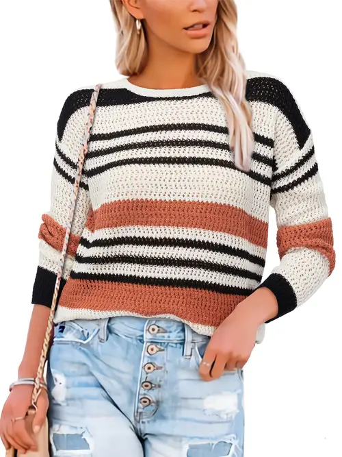 Casual Drop Shoulder V Neck Sweater Striped Raglan Sleeve Loose Fall