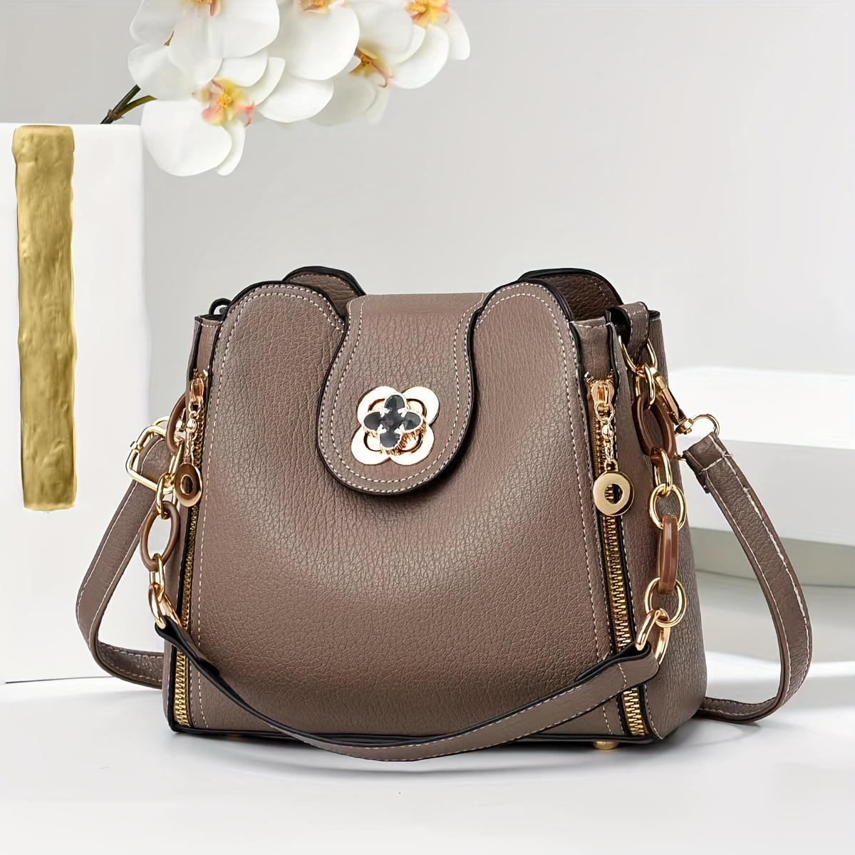 Four Leaf Clover Lock Bucket Bag Fashion Solid Color - Temu Australia
