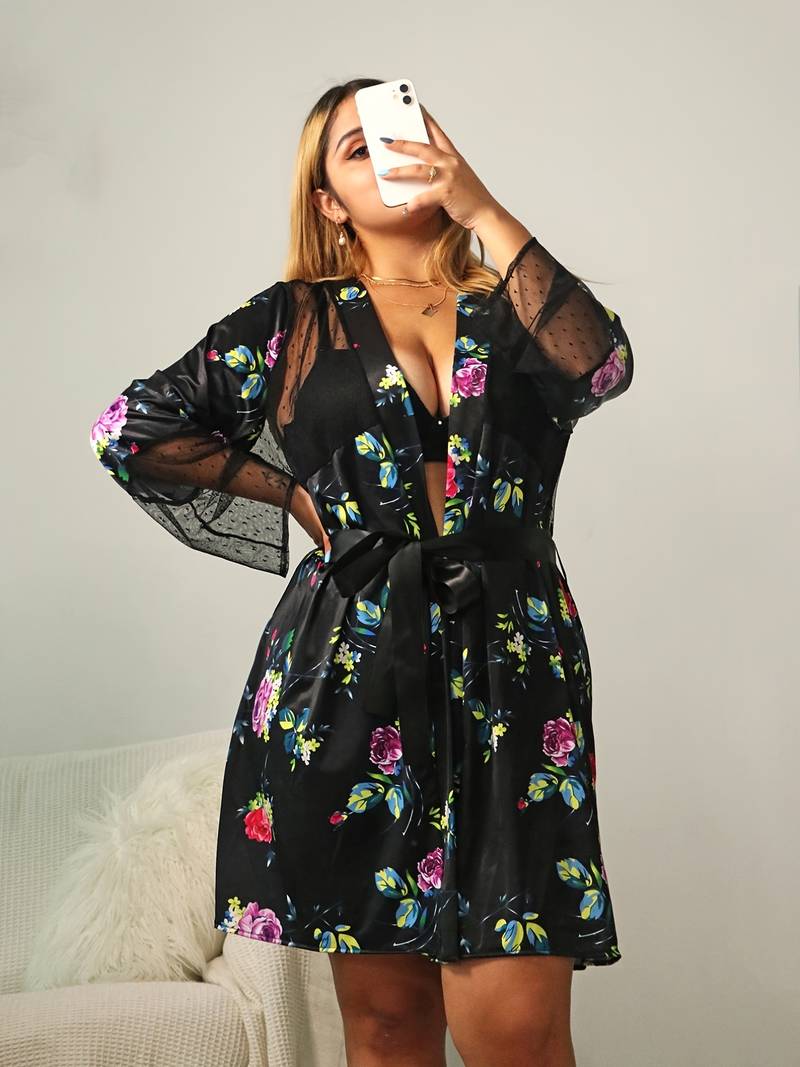 Plus Size Contrast Lace Floral Print Nightgown Womens Plus Semi Sheer