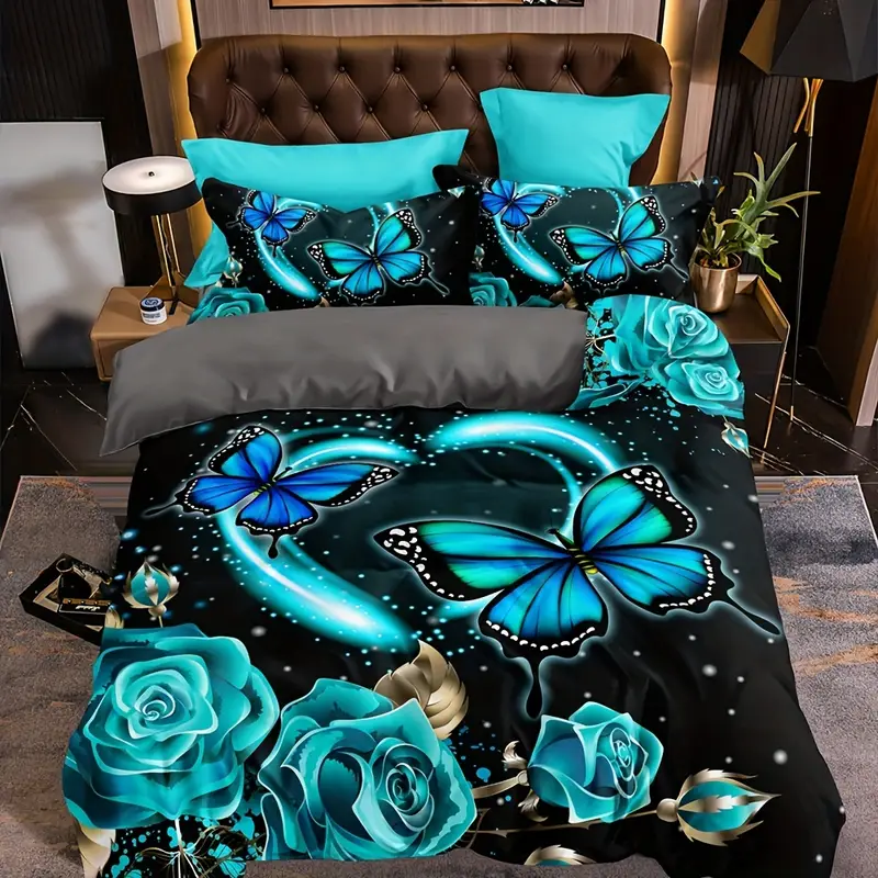 Duvet Cover Set Flower Butterfly Rose Print Bedding Set Soft Temu