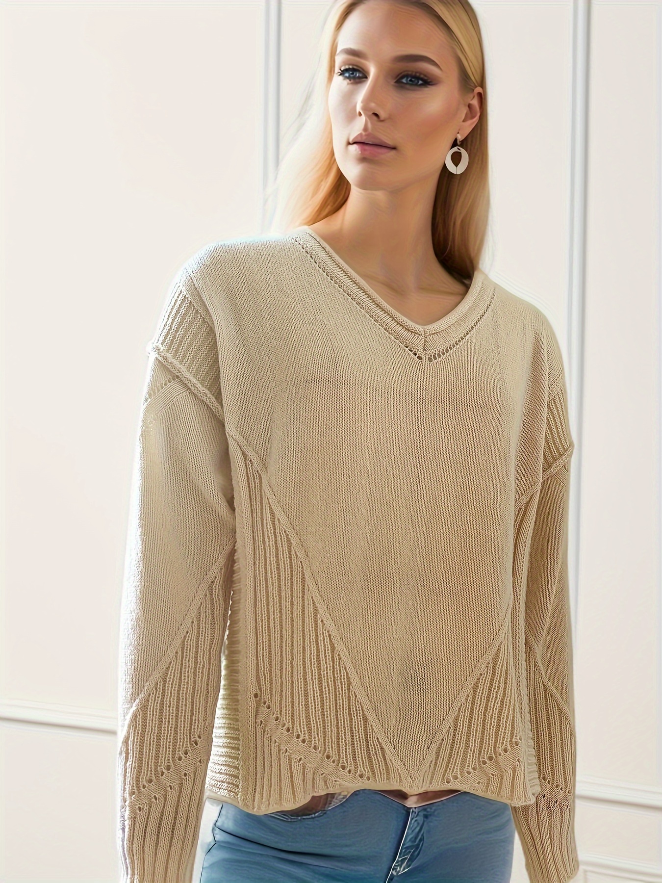 Solid V Neck Pullover Sweater Casual Long Sleeve Top - Temu New Zealand