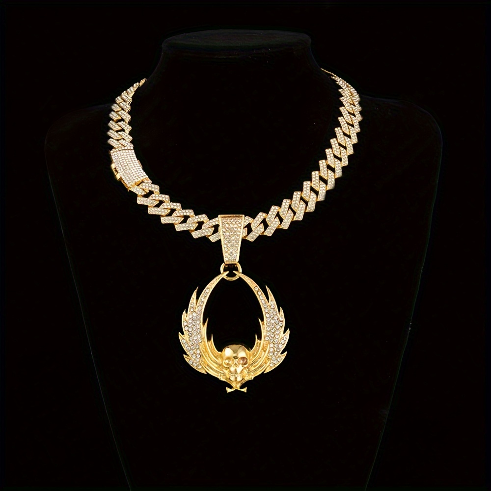 Double winged Skull Rhinestone Pendant Alloy Necklace Men - Temu United ...