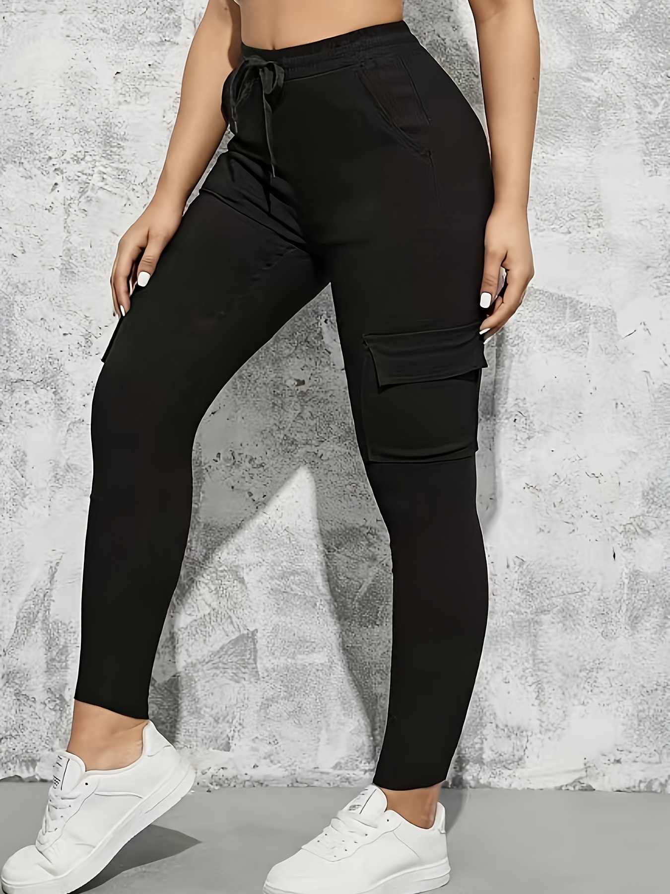 Slim Pants Plus Size Solid Drawstring Casual Pocket Elastic Temu
