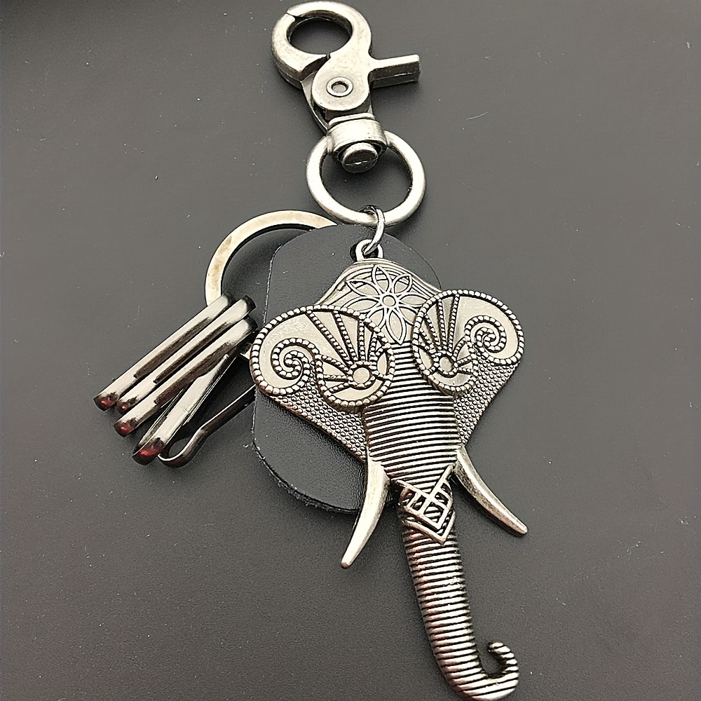 Punk Retro Elephant Head Leather Keychain For Men Metal Belt - Temu New ...