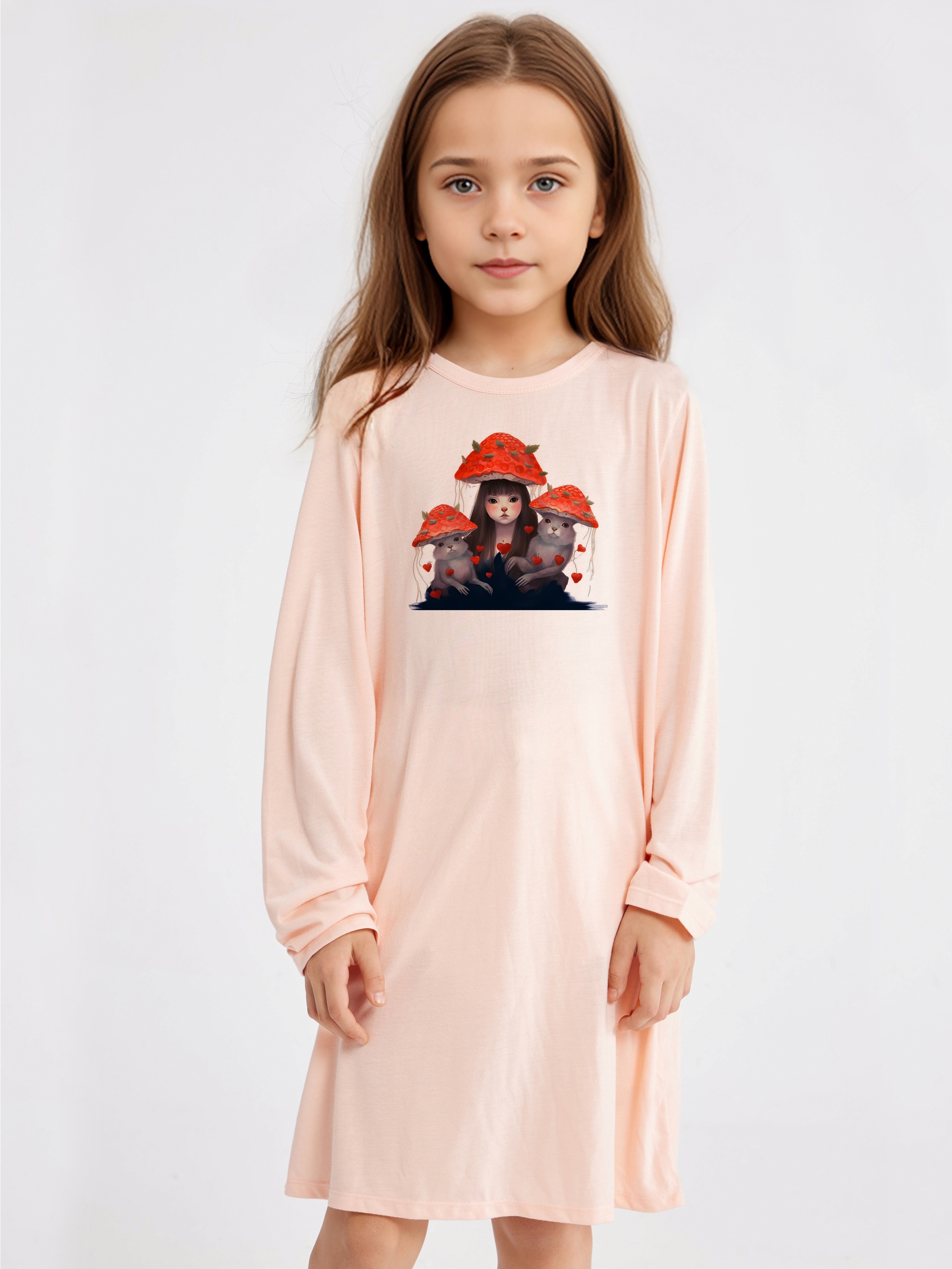 Lovely Cartoon Mushroom Girl Print Long Sleeve Dress Girls - Temu New ...