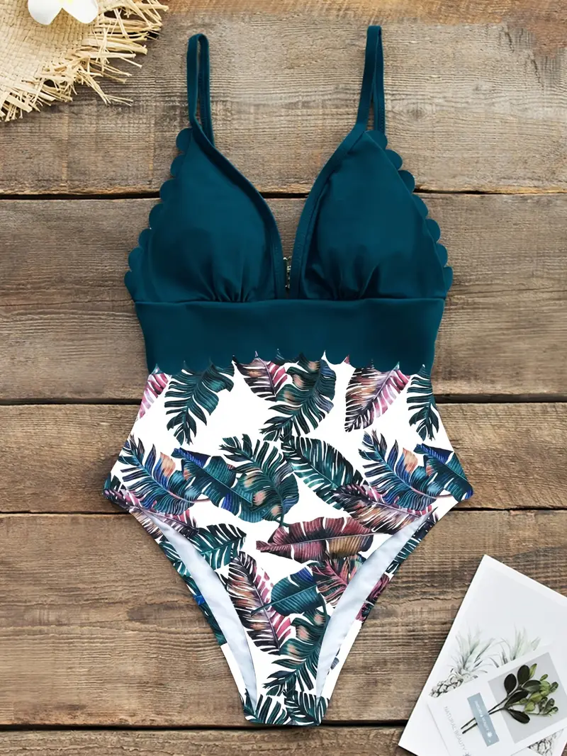 Floral And Leaf Print Colorblock One Piece Swimsuit V Neck Scallop Trim