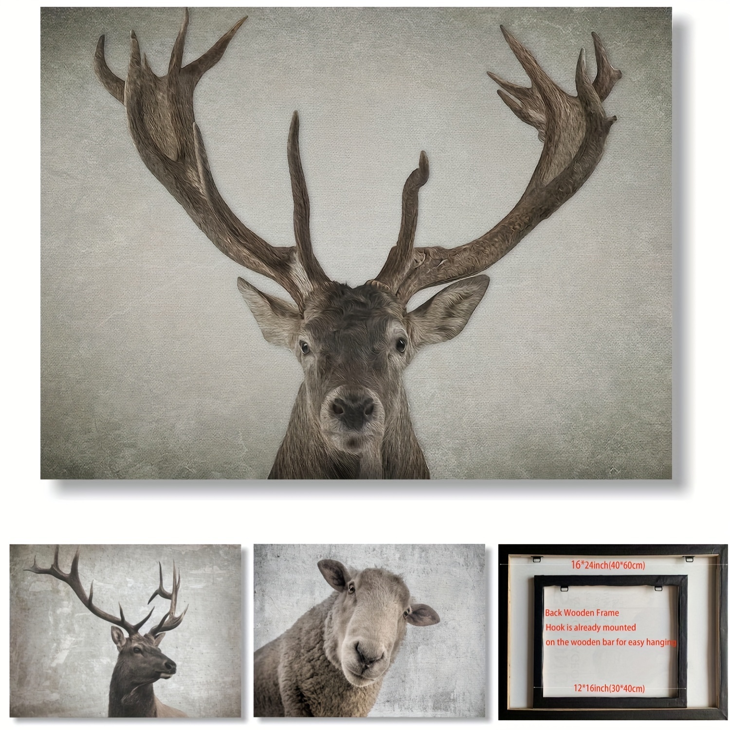 1pc Framed Rustic Canvas Poster, Elk Portrait Painting On Canvas Wall ...