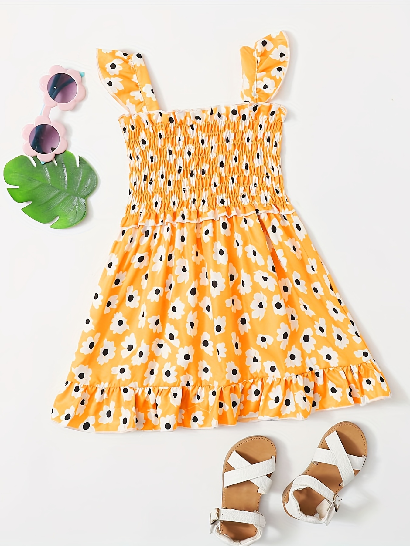 Sweet Casual Little Girls Sleeveless Shirred Floral Print - Temu New ...