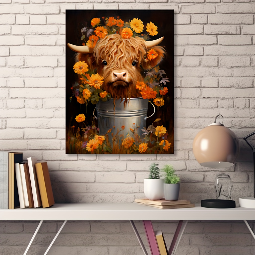 Canvas Poster Rustic Highland Cow Flowers In Buckets Canvas - Temu New ...