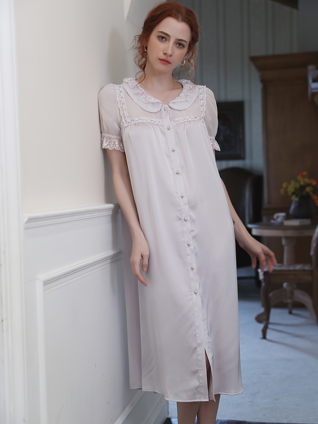 Retro Solid Contrast Mesh Lounge Dresses Lace Trim Puff - Temu