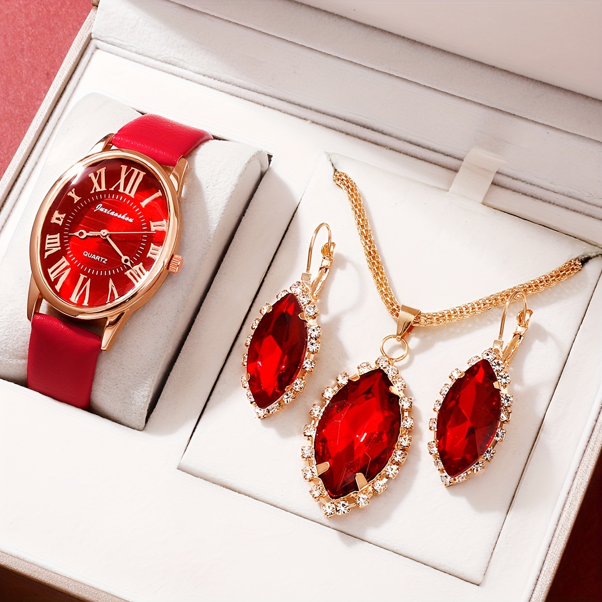 4pcs/set Women's Watch Elegant Oval Pointer Quartz Watch Analog Pu ...