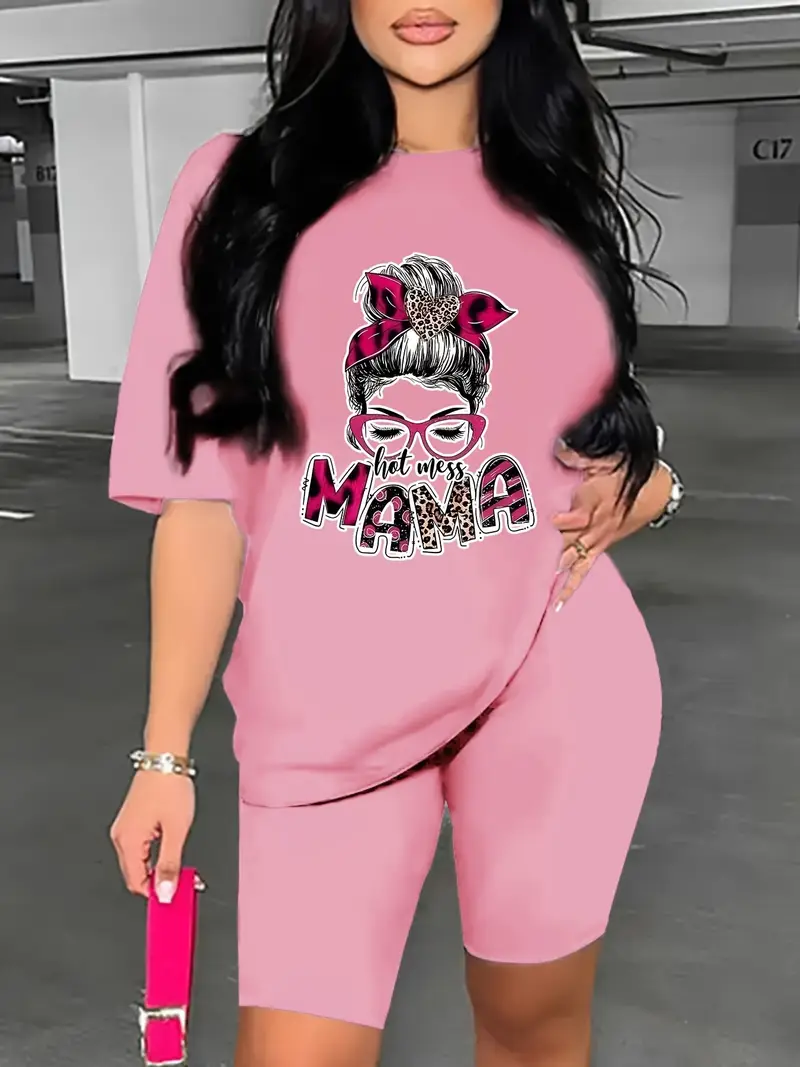 Graphic Print Two Piece Set Short Sleeve T Shirt And Short Leggings