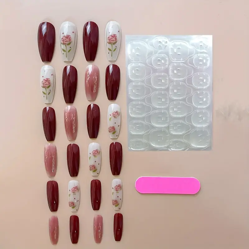 24pcs 광택 긴 관 가짜 손톱 장미 꽃 디자인과 손톱에 적갈색 그라데이션 프레스 여성용 빈티지 거짓 손톱 Temu