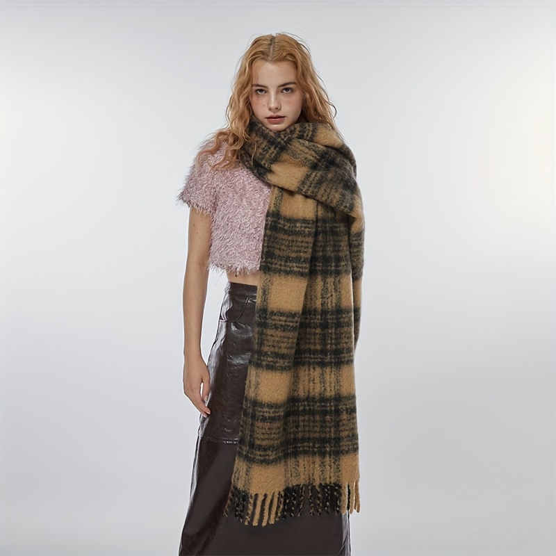 Vintage Maillard Plaid Chunky Scarf Thickened Warm Tassel - Temu New ...