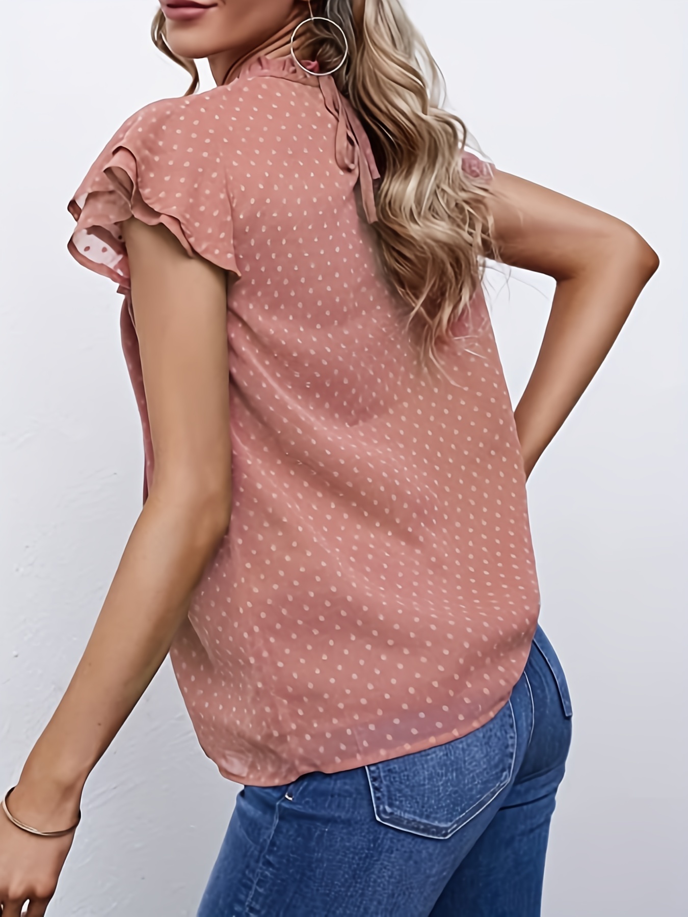 Solid Shirred Blouse Vacation Ruffle Trim Layered Crew Neck Temu