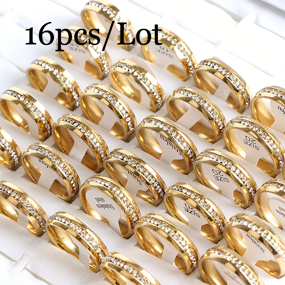 Fashion Full Shiny Rhinestones Stainless Steel Rings Jewelry - Temu ...
