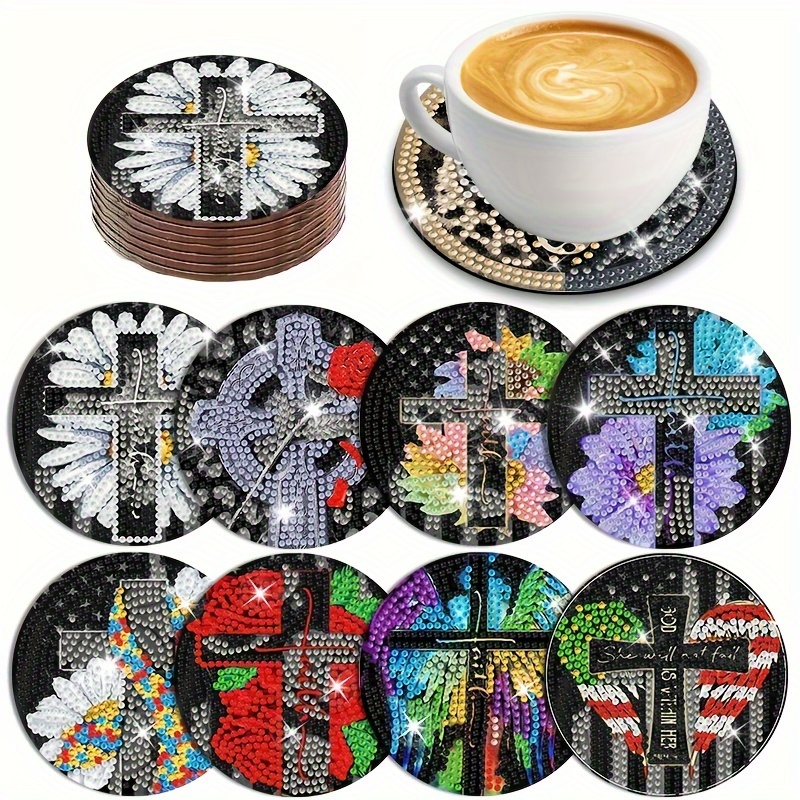 Diy Diamond Painting Coasters Set Cross Flower Pattern - Temu Australia