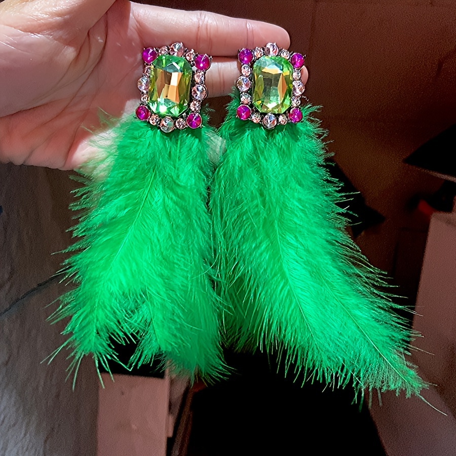 Green Feather Colorful Rhinestone Decor Dangle Earrings Boho Party ...