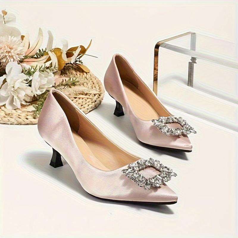 Womens Satin Kitten Heels Rhinestone Buckle Decor Pointed - Temu United ...