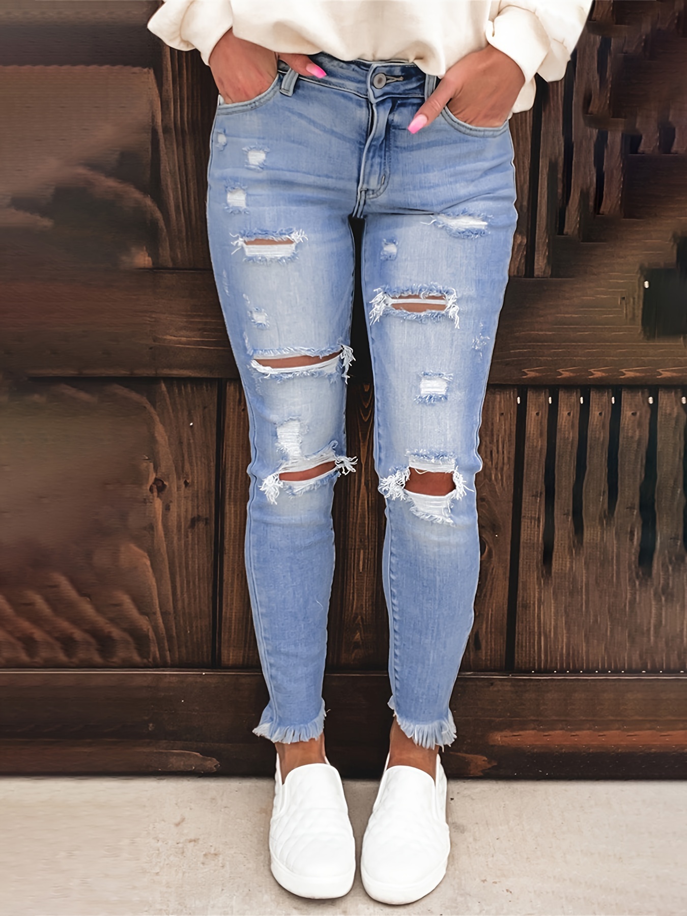 Plus Size Casual Jeans Womens Plus Ripped Washed Button Fly Fringe