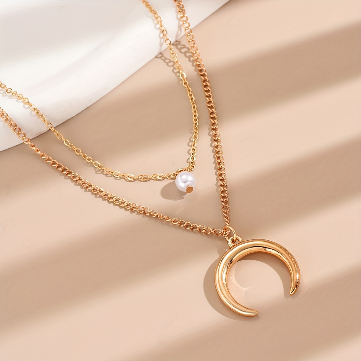 Double Layer Necklace Imitation Pearl Moon Tooth Pendant - Temu United ...