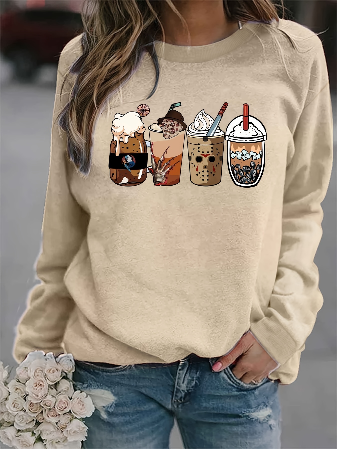 Cartoon Coffee Print Sweatshirt Casual Long Sleeve Crew Neck - Temu New ...