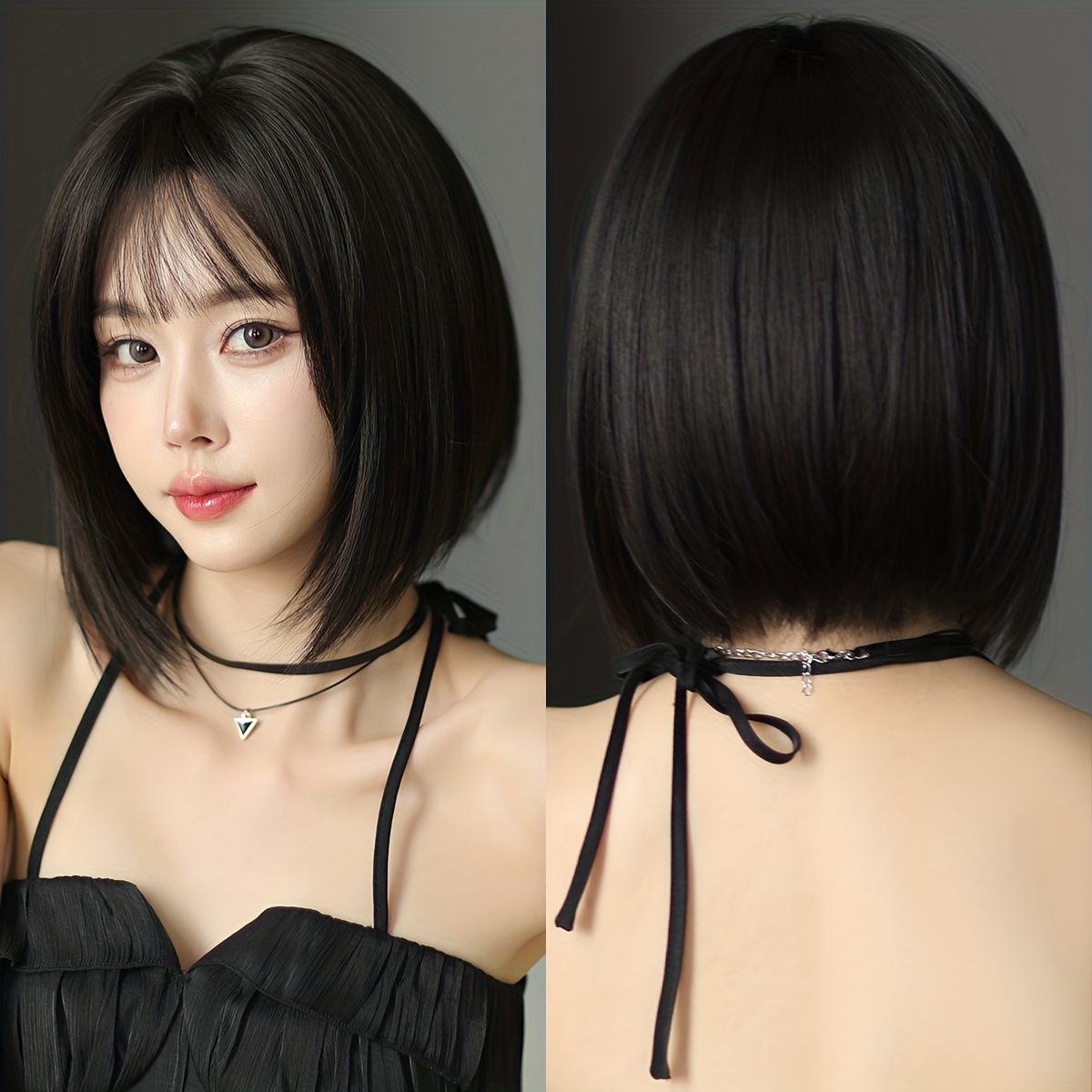 합성 짧은 직선 다크 브라운 뱅과 함께 자연스러운 블랙 밥 위그 여성용 일상 파티 고품질 12 인치 Temu Republic
