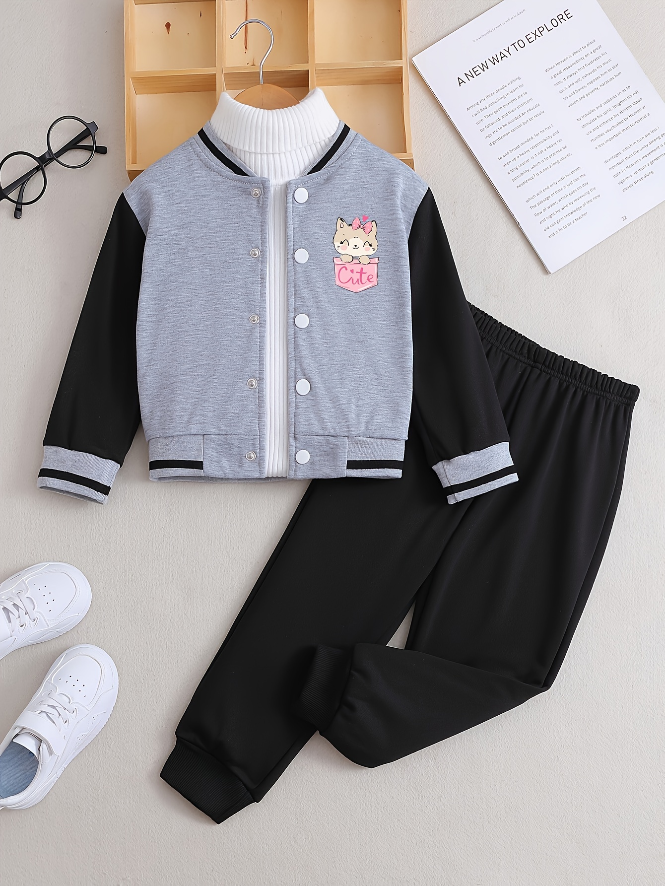 Lovely Heart Kitty Graphic Baseball Jacket + Jogger Pants - Temu Australia