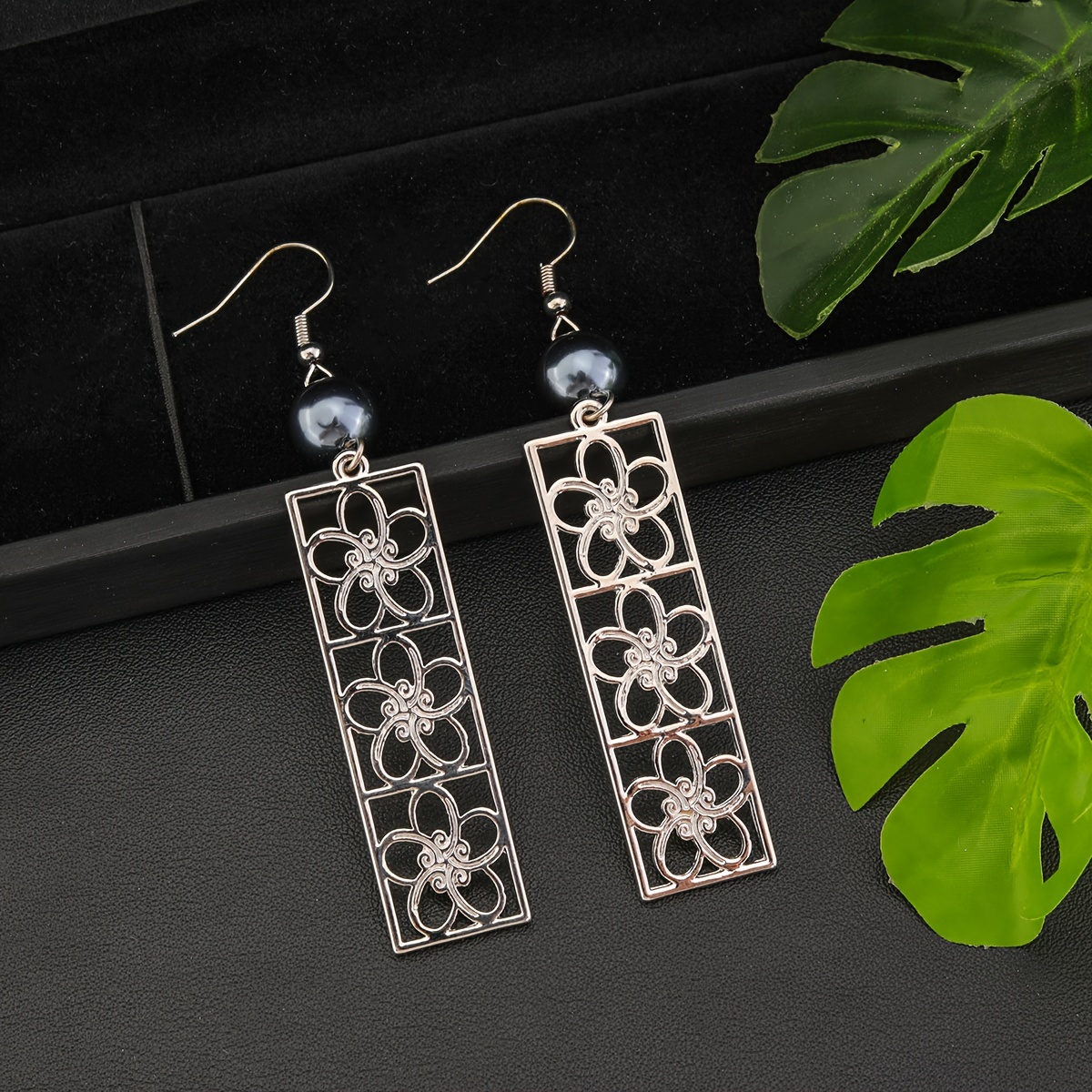 Rectangle Shape Hollow Flower Pattern Dangle Earrings - Temu Ireland